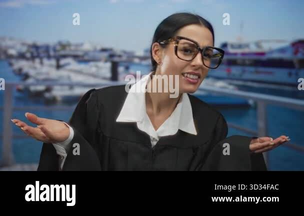 Woman judge with glasses at seaside port with boats displaying confused ...