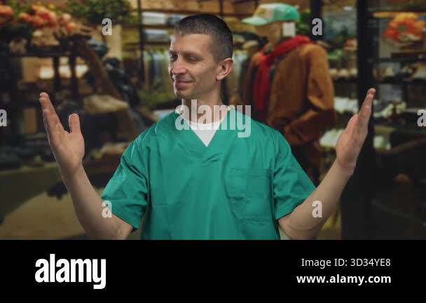 Man in green uniform gestures in a retail clothing store, showcasing a ...