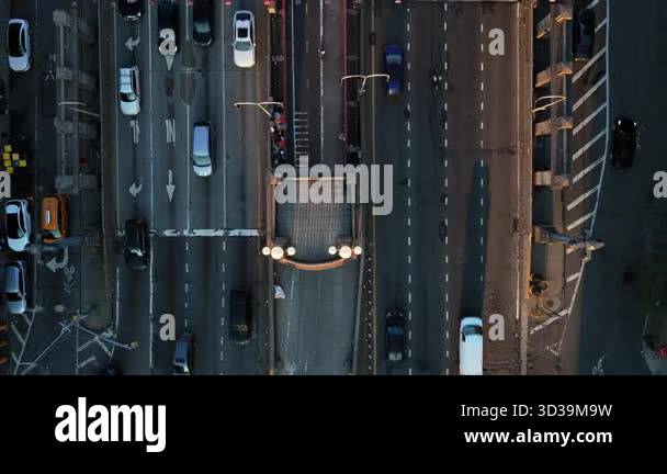 Aerial view of the bustling Williamsburg Bridge in New York City ...