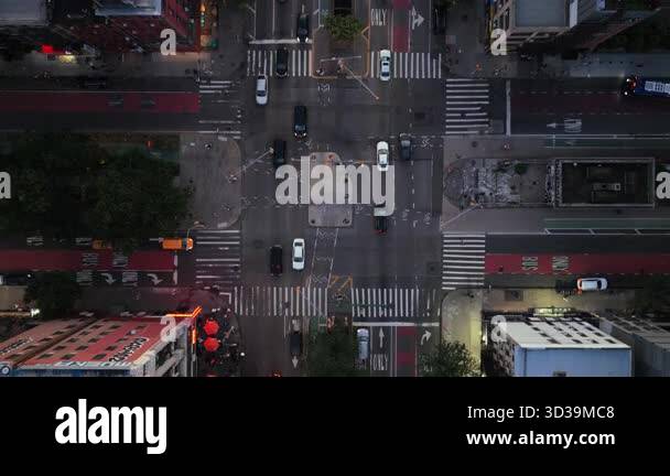 Overhead aerial view of a bustling New York City intersection ...