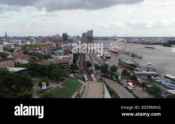 Aerial perspective revealing port of Hamburg, Germany, showcasing ...