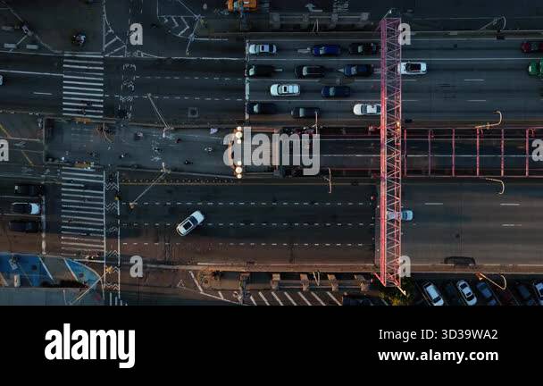 Overhead aerial view of the Williamsburg Bridge in New York City ...