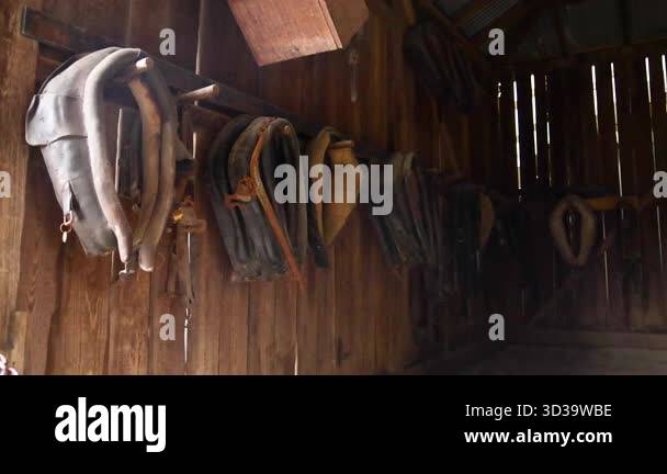 Dimly lit wooden workshop with hanging tools and equipment, capturing a ...