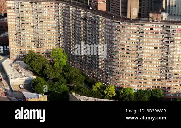 Aerial view of curved high-rise buildings in Manhattan, New York City ...