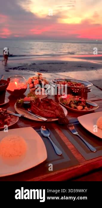 Enjoy a serene sunset meal on the beach in Thailand, featuring fresh ...