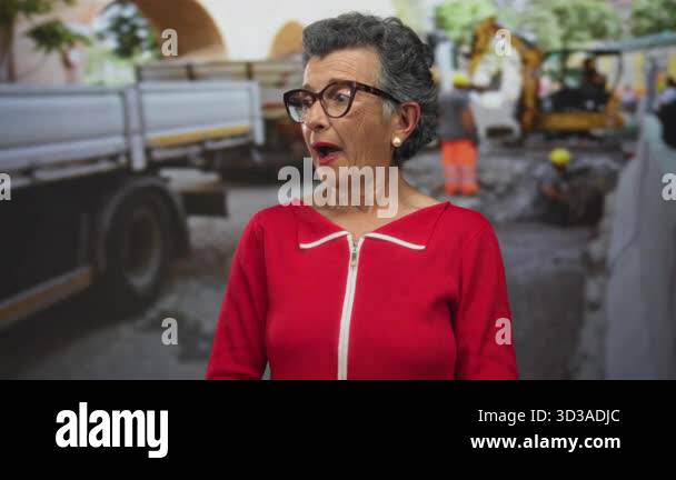 Senior woman with grey hair stands surprised at a busy outdoor ...