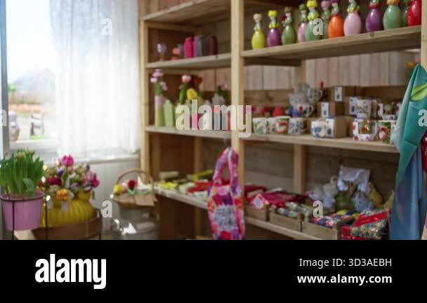 Blurred indoor shop display features colorful decor and varied products ...