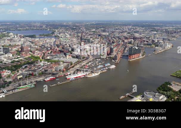 Aerial view from a tripod unique perspective over the city of Hamburg ...