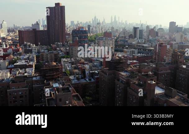 Aerial view of Manhattans bustling cityscape, featuring iconic ...