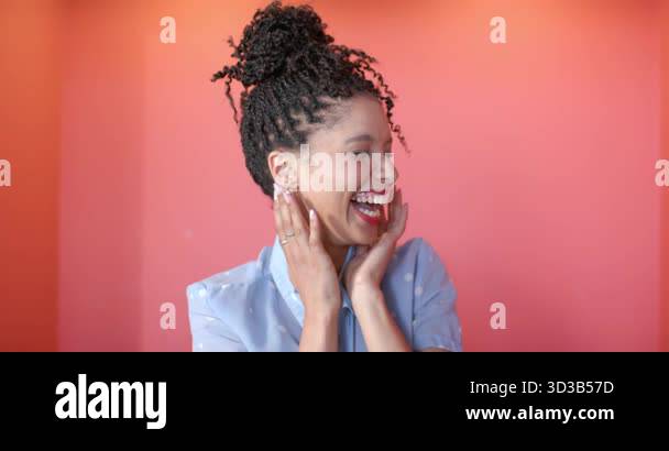 Reacting to joke African American woman bursting into laughter cupping ...