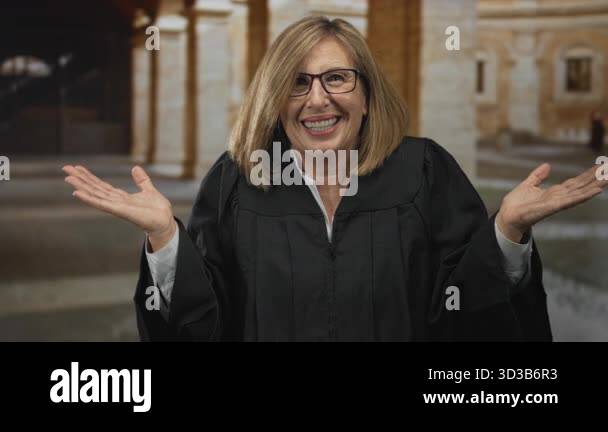 Caucasian woman judge raises hands with palms up in welcoming shrug ...