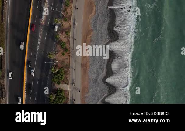 Top down aerial view of Circuito de Playas highway in Lima, Peru, with ...