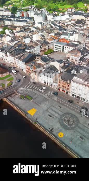 Aerial view of picturesque historic Viveiro, a coastal town in Lugo ...