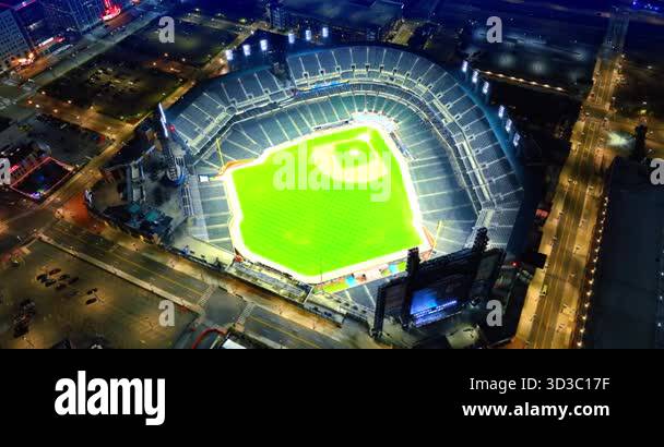 Detroit, USA, 28 July 2025: Circling around the empty luminous stadium ...