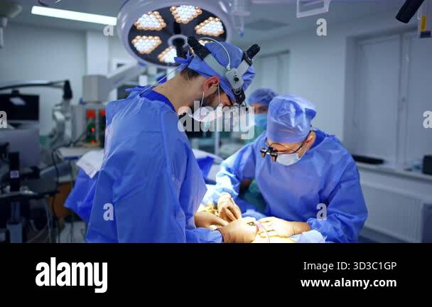 Professional male neurosurgeons working at operation in modern surgery ...