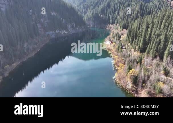 An Aerial View Of Tree Trunks In Lake Kaindy A Popular Tourist