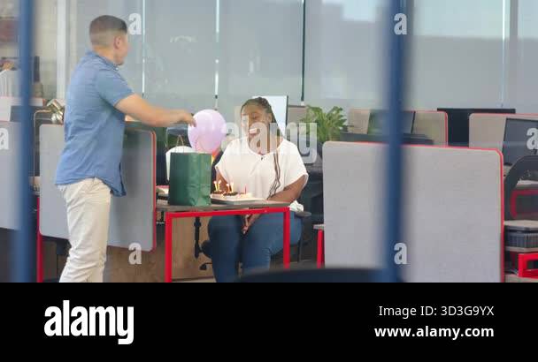 Diverse friends celebrating office birthday at modern cubicles ...