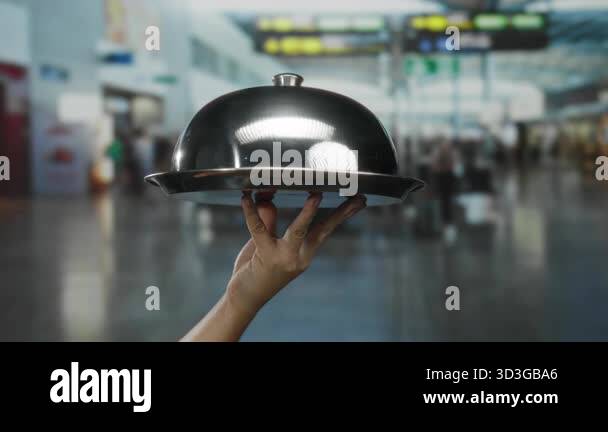 Hand of man holding a cloche at an airport terminal showcasing ...