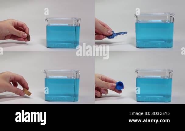 Hands place various objects in water to observe floating and sinking ...