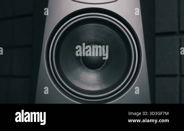 Front view zoom out reveals a professional black studio monitor speaker with a woofer and ...