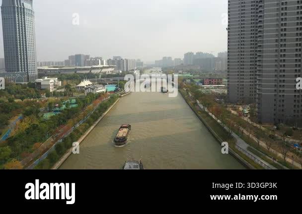 Aerial footage of the Grand Canal in Suzhou, Jiangsu province, China ...