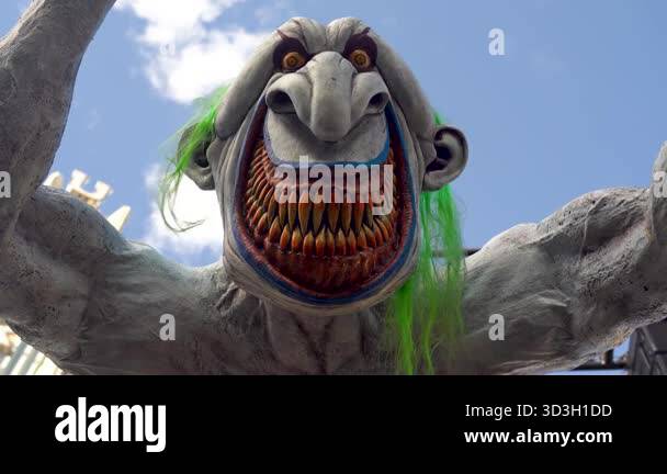 Terrifying close-up of a giant Halloween monster clown statue with ...