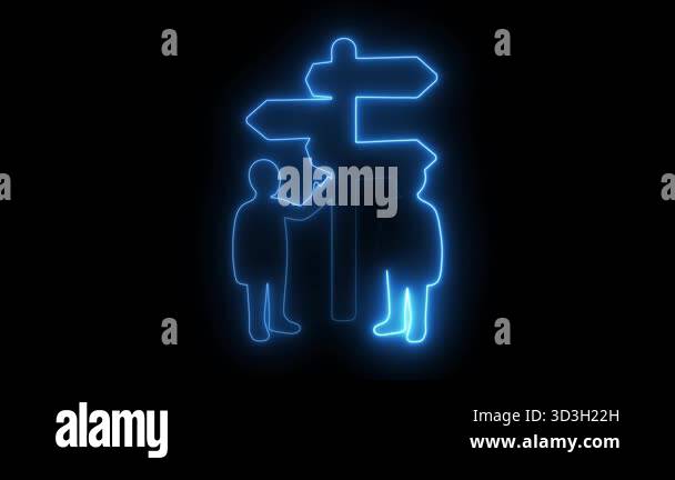 Two people standing near a glowing signpost with multiple arrows ...