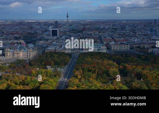Aerial view showingBerlin cityscape from Tiergarten park to Reichstag ...