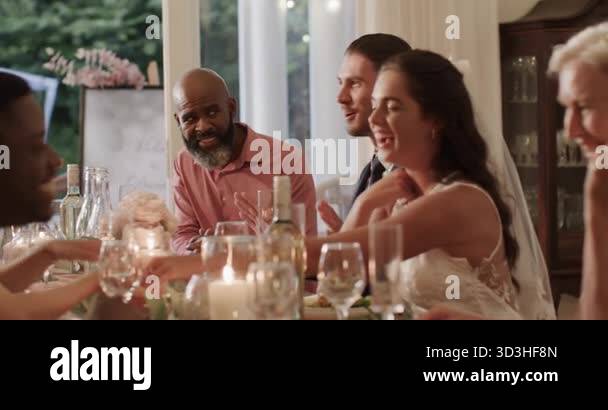 Toast starting to honor newlyweds diverse guests at candlelit dinner ...