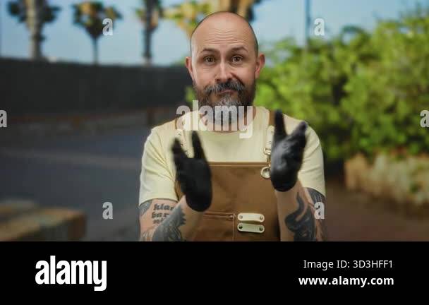 Bald man clapping with a beard in an outdoor urban street setting ...