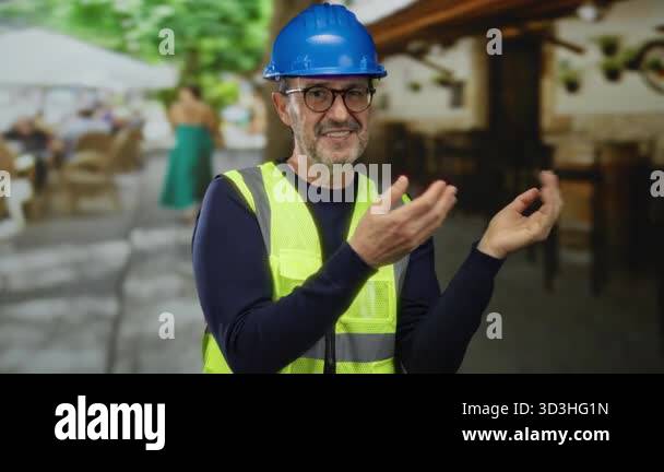 Man wearing blue helmet and yellow vest in urban park setting ...