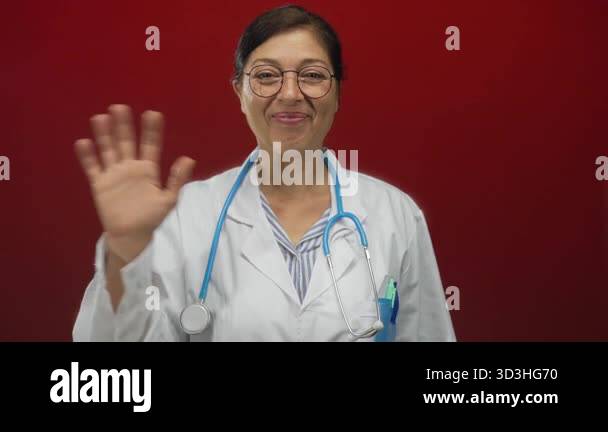 Middle age hispanic woman doctor wearing white coat waves hand with ...