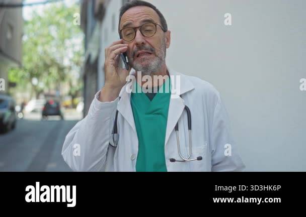Doctor standing on urban street wearing white coat and stethoscope ...