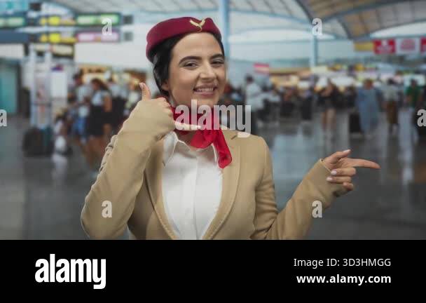 Woman gesturing phone call in airport, wearing flight attendant uniform ...