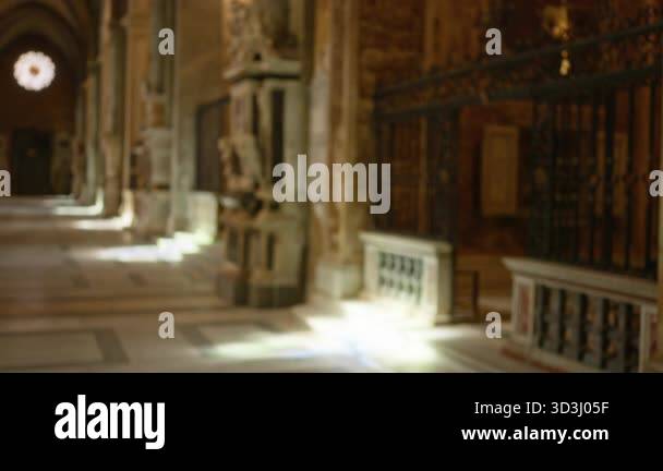 Blurry interior of a historic church featuring bokeh effects with ...