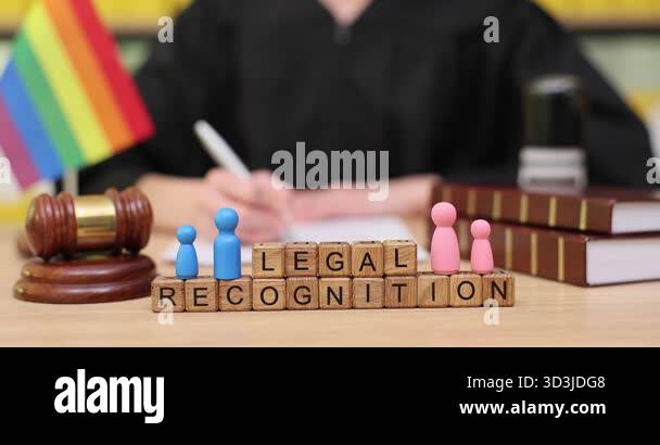 In a vibrant courtroom, a judge supports equality by presenting symbols ...