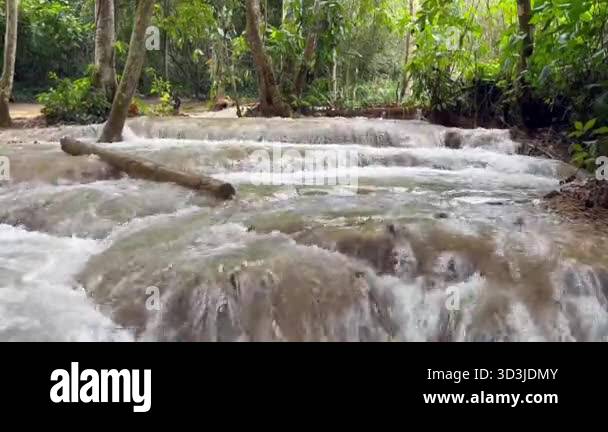 Powerful tropical waterfall flowing through lush green jungle, with ...