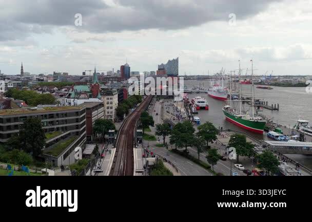 Aerial perspective over the city of Hamburg, Germany, showing the ...