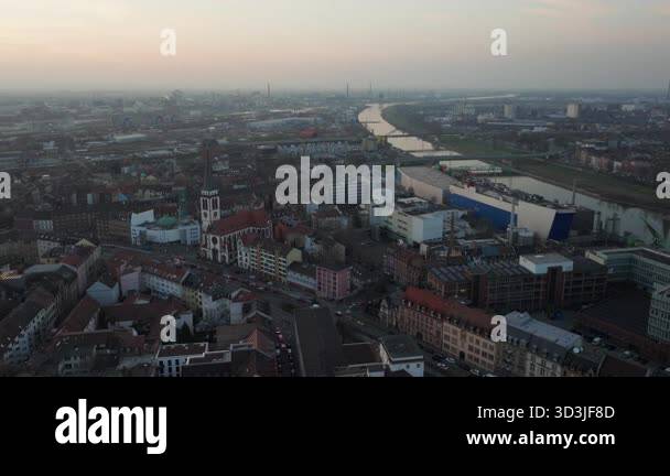 Aerial view of german city Mannheim with buildings and Neckar river ...