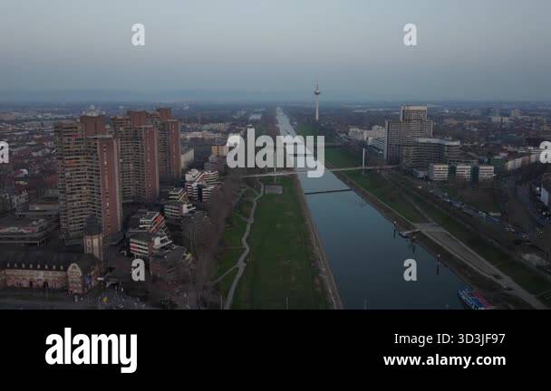 Expansive aerial view of Mannheim, Germany. Neckar river flows through ...