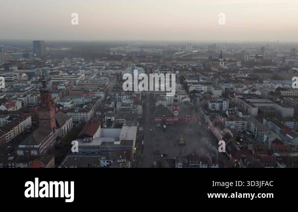 High angle aerial view flying over urban cityscape of Mannheim, Germany ...