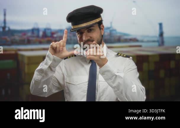 Young hispanic man in captain's uniform gestures at camera with port ...