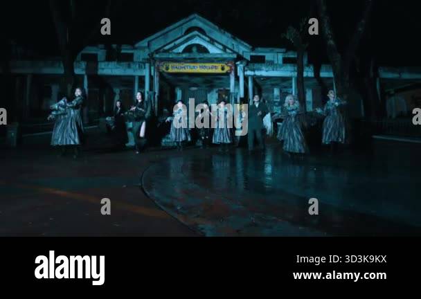 A group of performers in various gothic and vintage costumes perform a ...