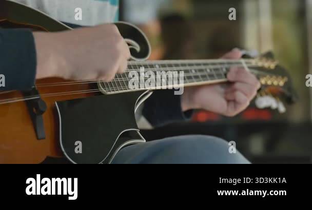 Caucasian Kid Play Mandolin at Home. European Boy Practice Music 4K 10 ...