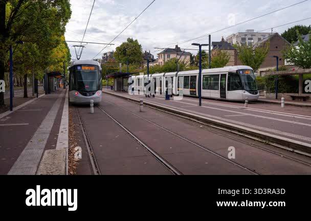 Time lapse clip of modern light rails cars at the end station in ...