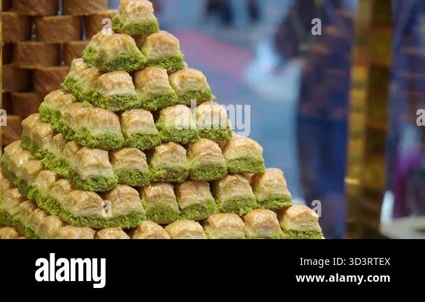A beautiful pyramid of baklava captured at a market event Stock Video ...