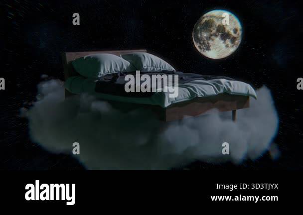 4K seamless 3D loop of a wooden bed floating on clouds as day turns to ...