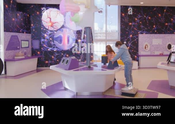 Science and medical museum. School children learning human senses. High ...
