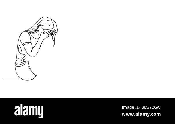 animated continuous line drawing of sad sorrowful female teenager or ...