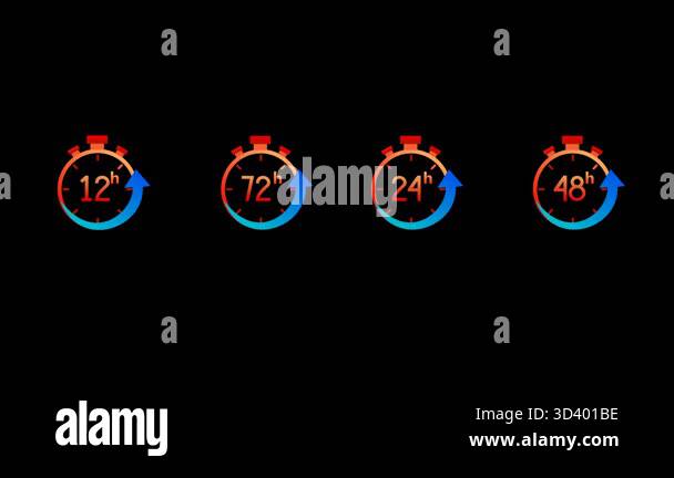 12 hours, 24 hours, 48 hours, and 72 hours set of animated stopwatches ...